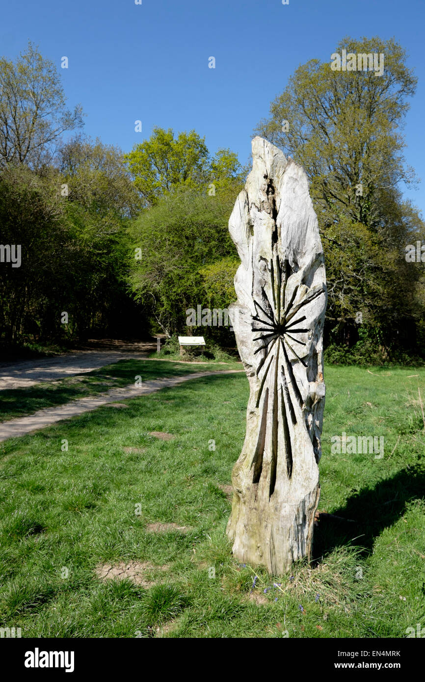 Wooden sculpture at the entrance of Kingley Vale national nature ...