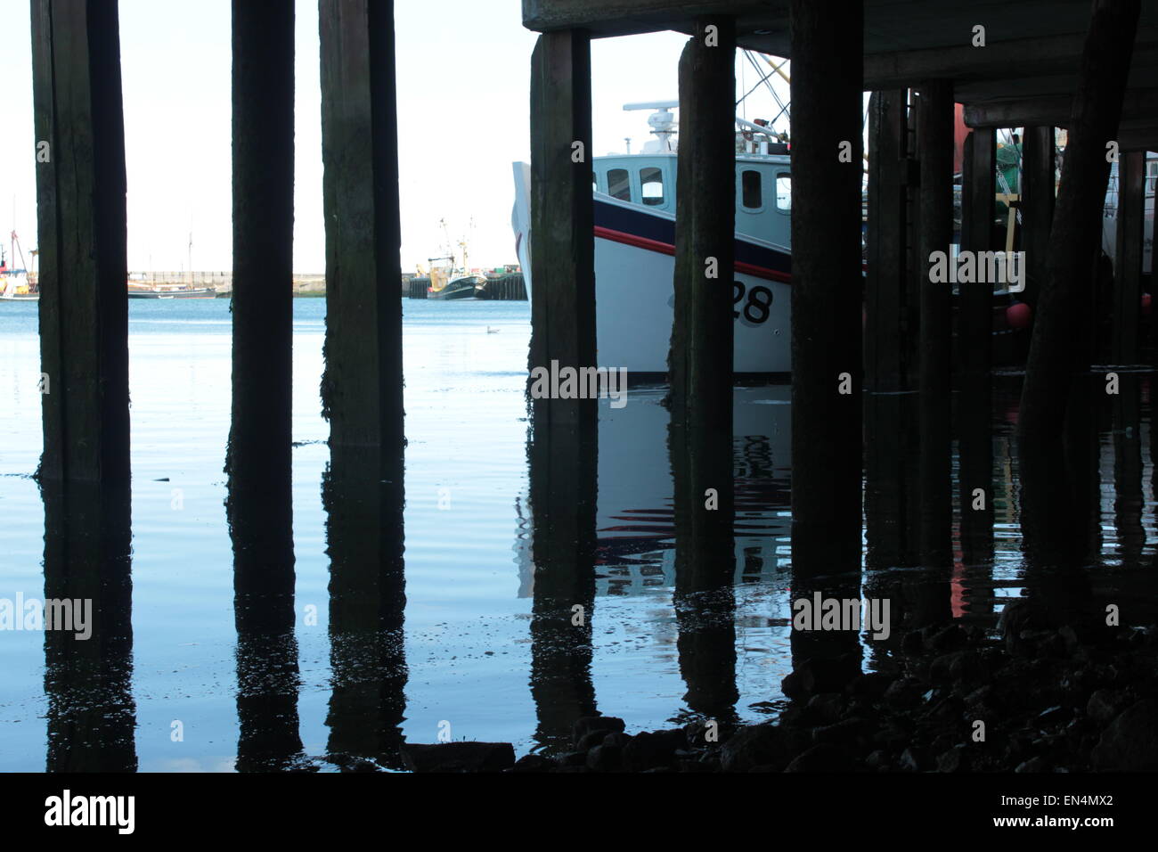 pier supports underneath newlyn harbour reflected in calm water Stock ...