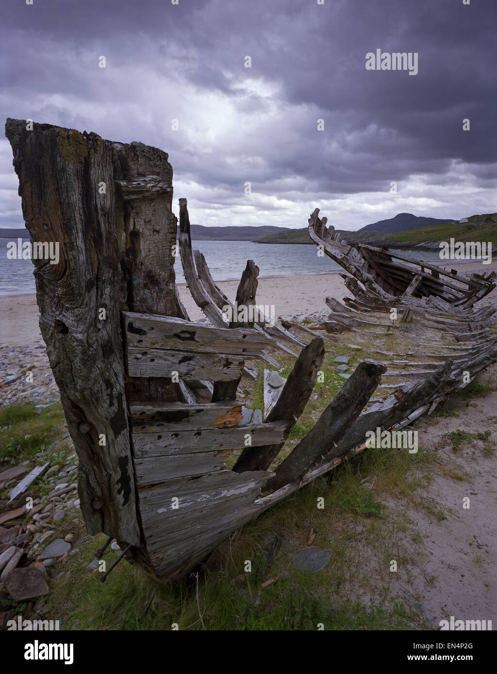 The wreck of an old fishing boat aground at Talmine Bay, Talmine, Kyle ...