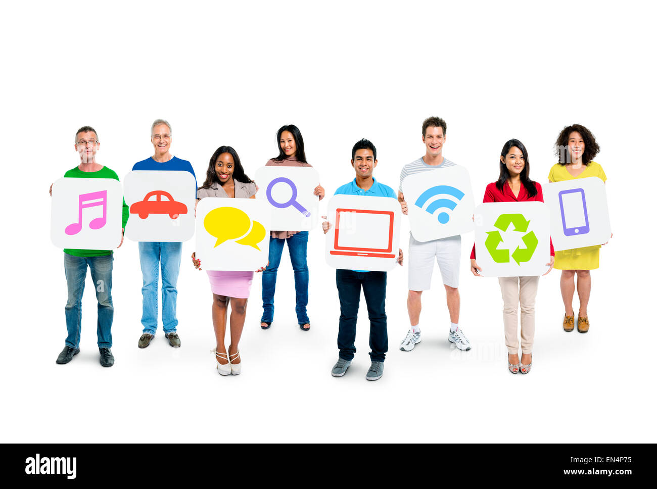 Group of multi-ethnic people holding social media icons Stock Photo - Alamy