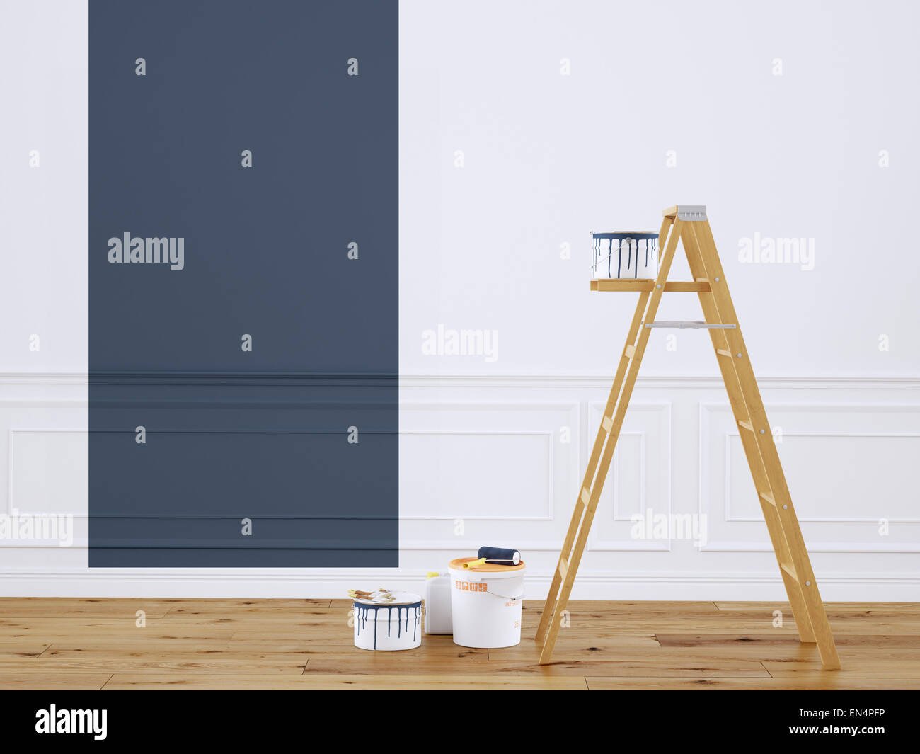 Painting walls in room with ladder during renovation. 3d rendering ...