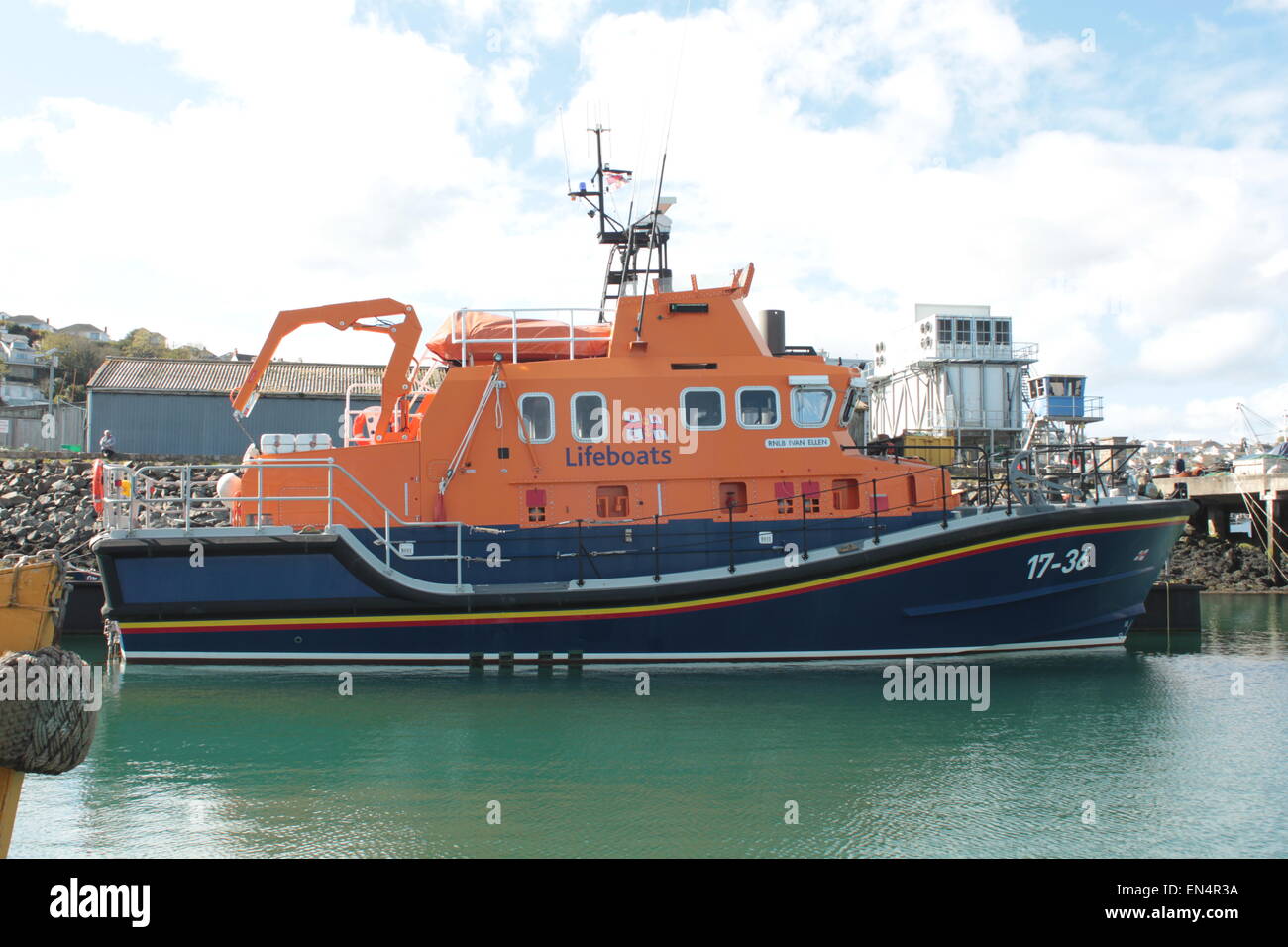 lifeboat moored in newlyn harbour on a calm day in summer Stock Photo ...