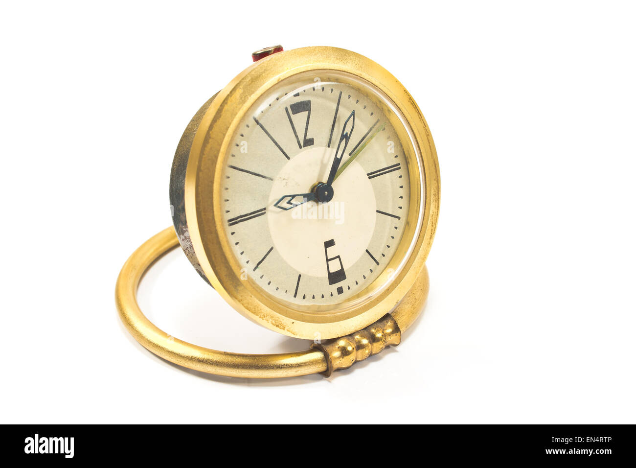 Vintage golden alarm clock isolated on white Stock Photo - Alamy