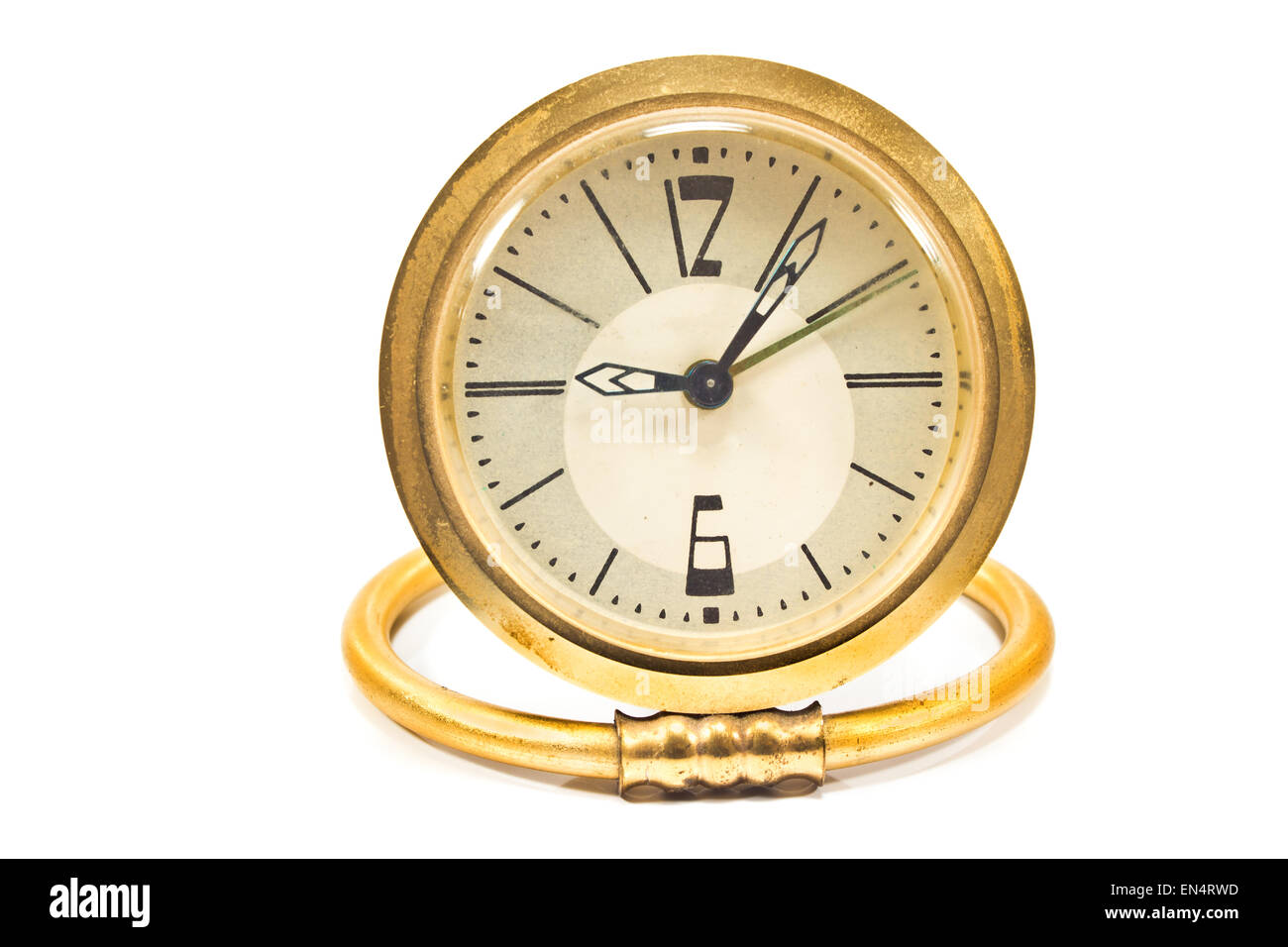 Vintage golden alarm clock isolated on white Stock Photo - Alamy