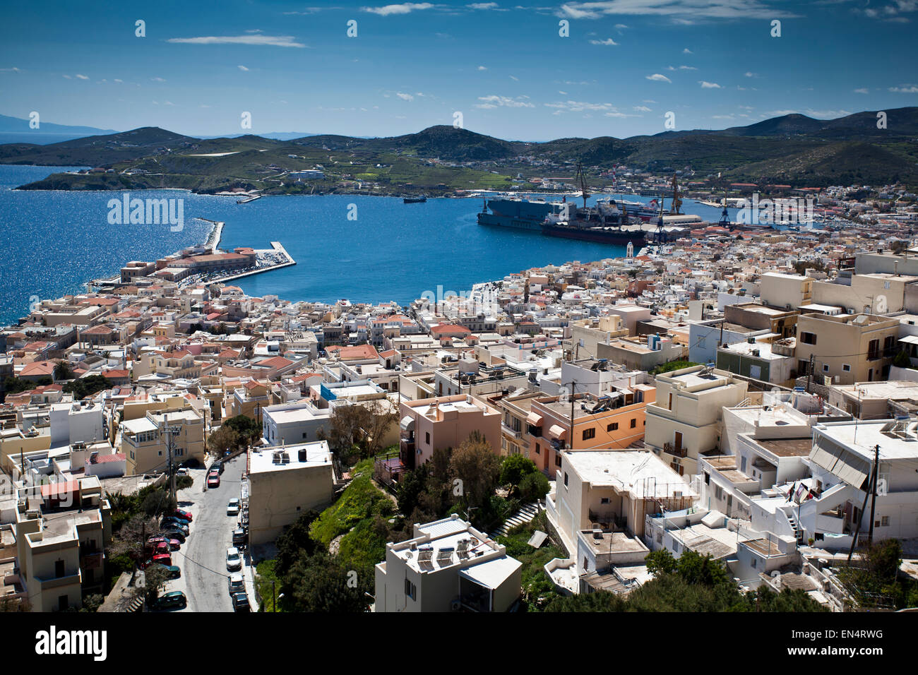 The port town of Ermoupolis in Syros in the Greek Islands Stock Photo ...