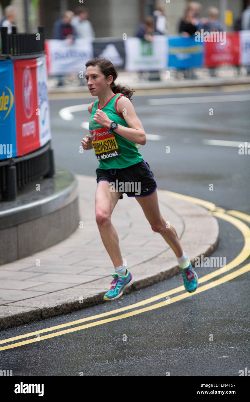 Female elite runner Robinson running at the 2015 Virgin Money London ...