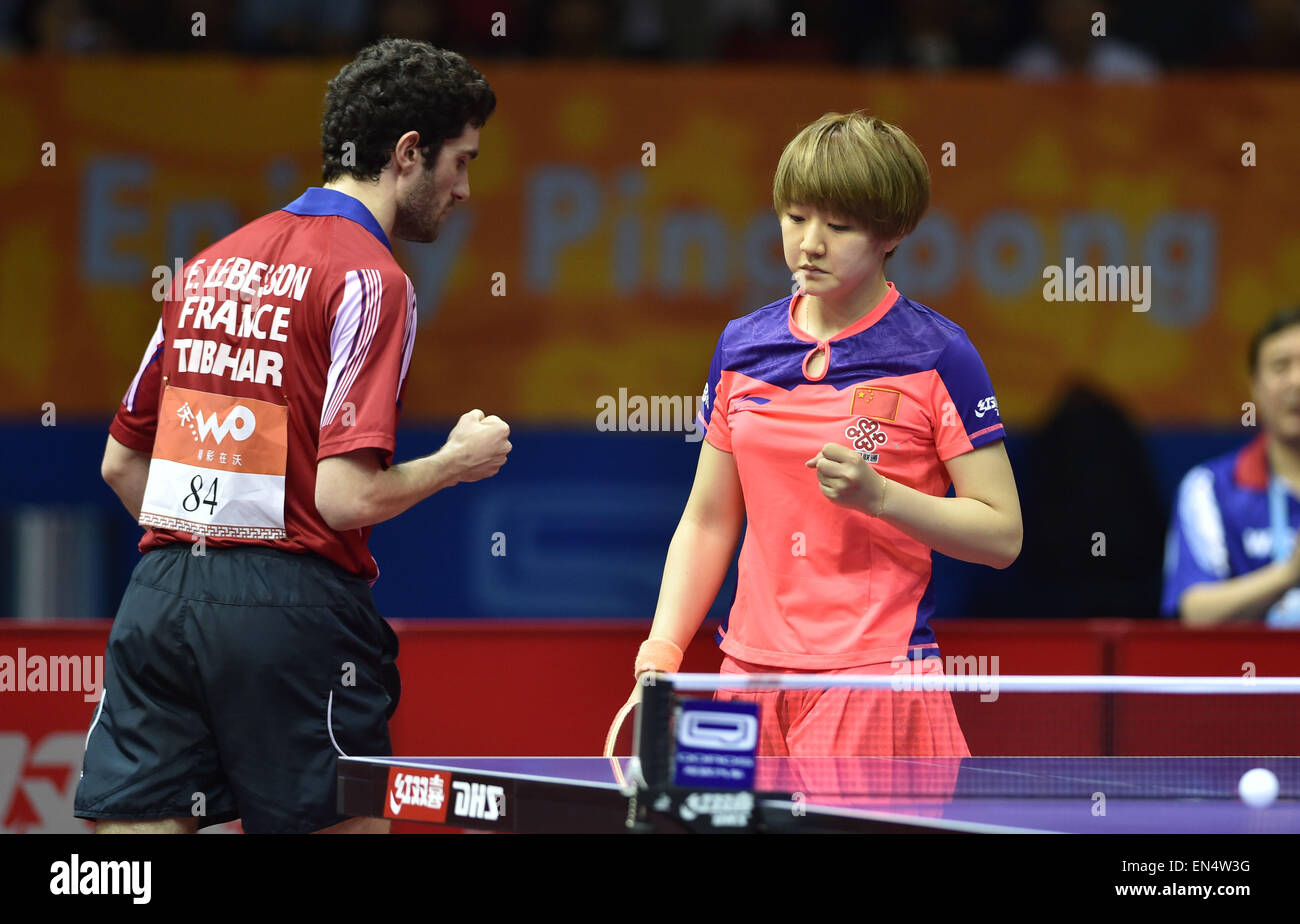 April 28, 2015 (Xinhua) -- China's Chen Meng(R)/France's Emmanuel ...