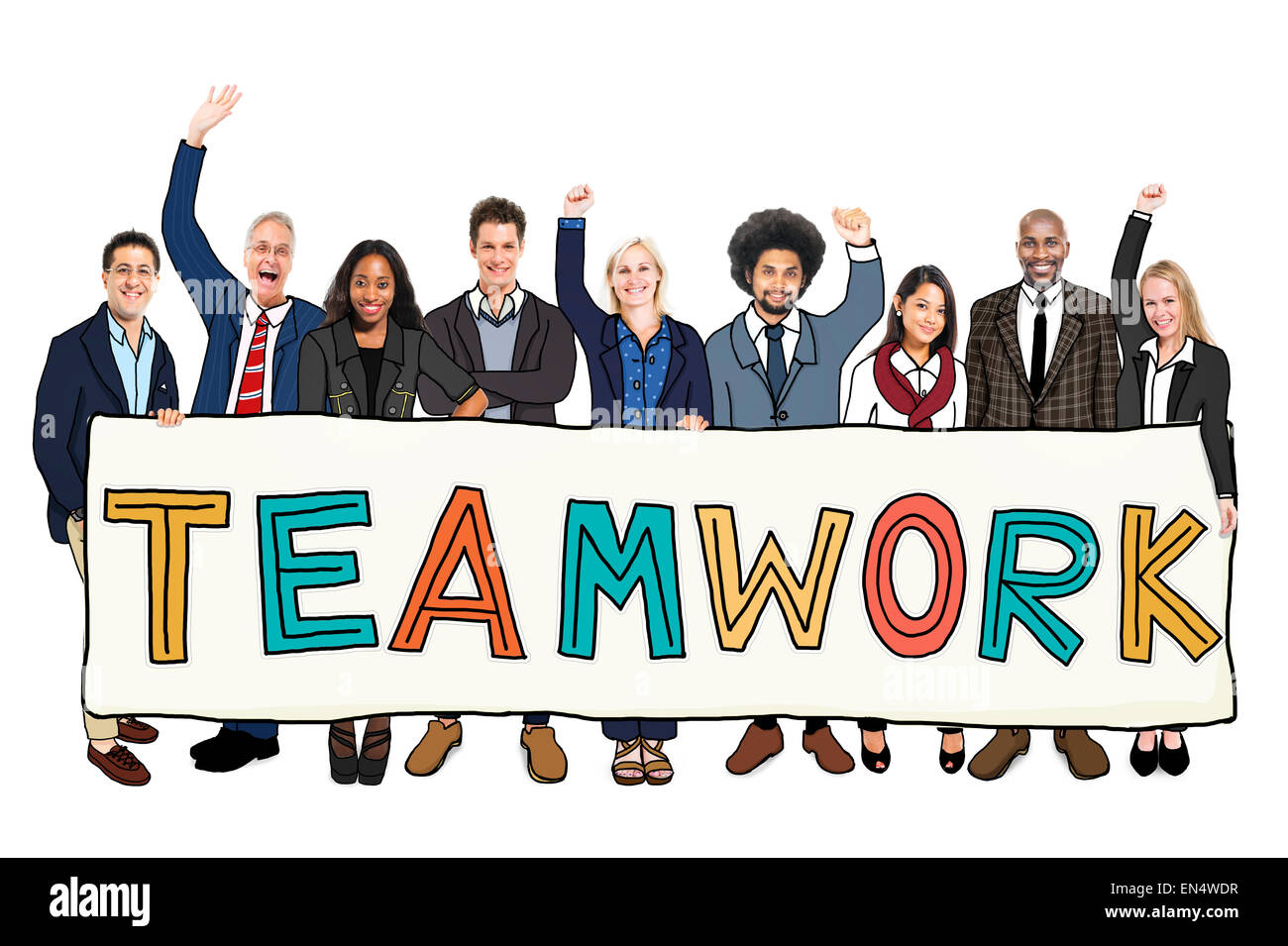 Cheerful Diverse Business People and Text Teamwork Stock Photo - Alamy