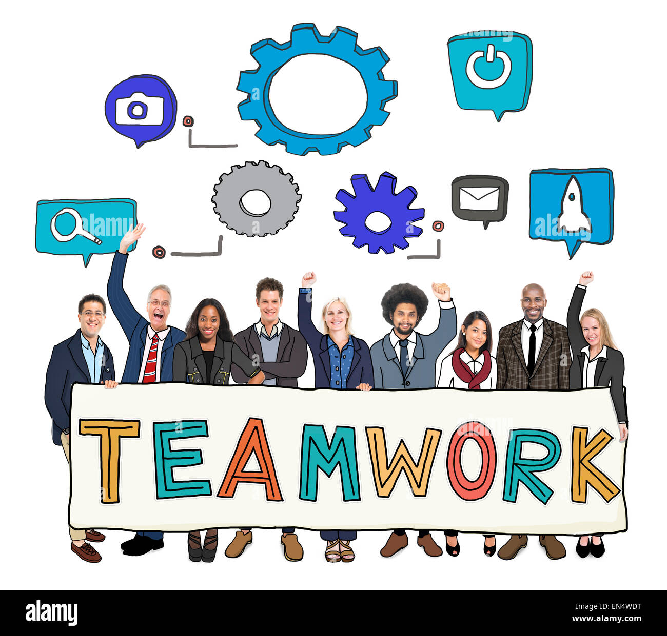 Cheerful Business People with Teamwork Text Stock Photo - Alamy