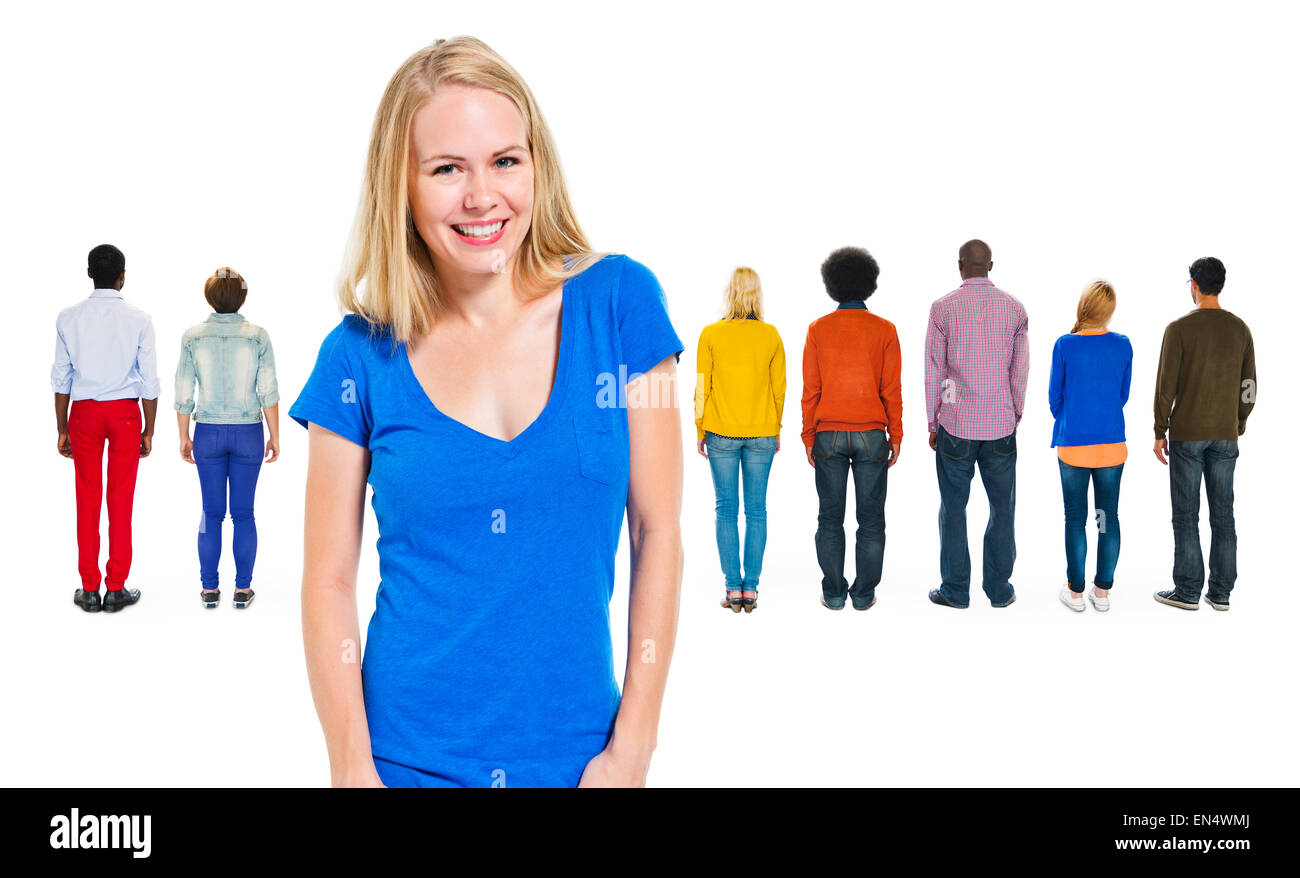Back View of Multi-Ethnic People and a Cheerful Woman Stock Photo - Alamy