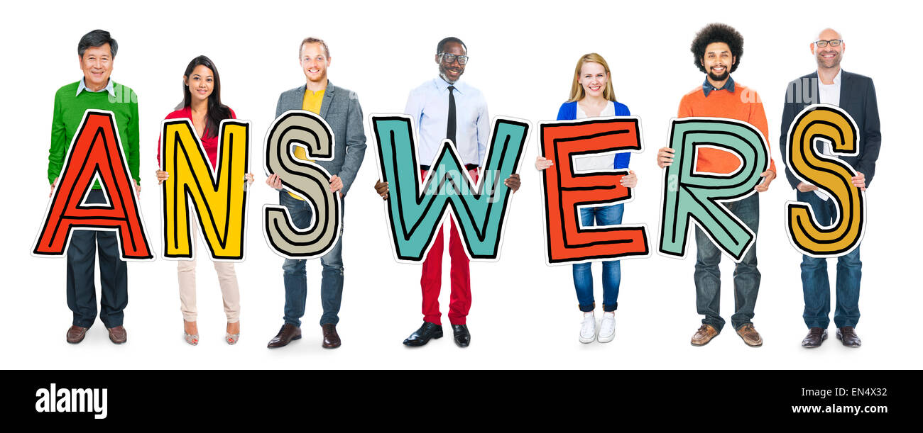 Group of Diverse People Holding Answers Stock Photo - Alamy