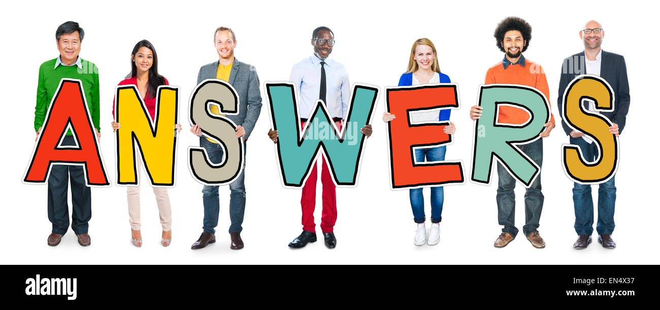 Multi-Ethnic Group of People Holding Text Answer Stock Photo - Alamy