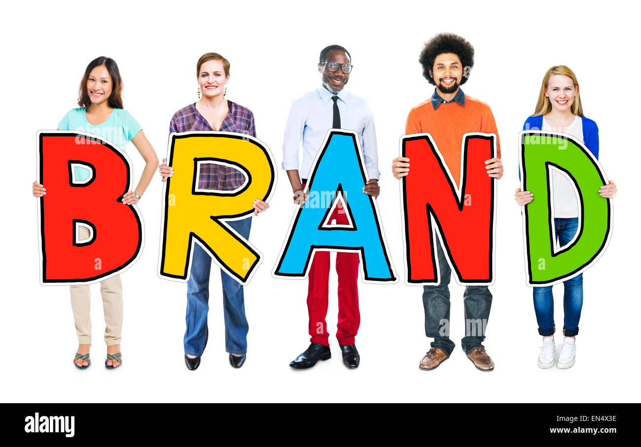 Group of Diverse People Holding Brand Stock Photo - Alamy