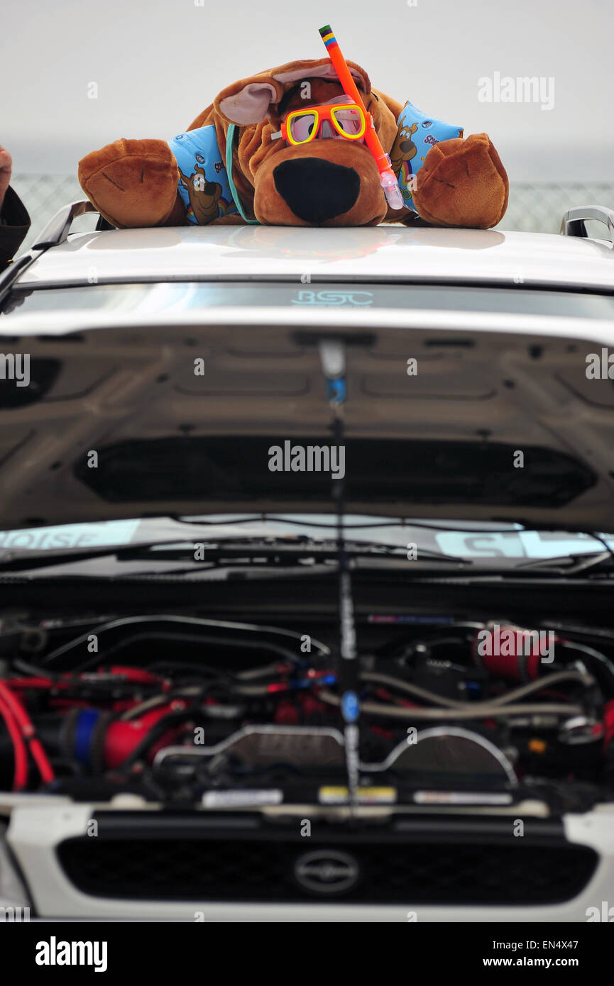 A white Subaru Impreza with a Scooby-Doo toy on the roof parked along ...