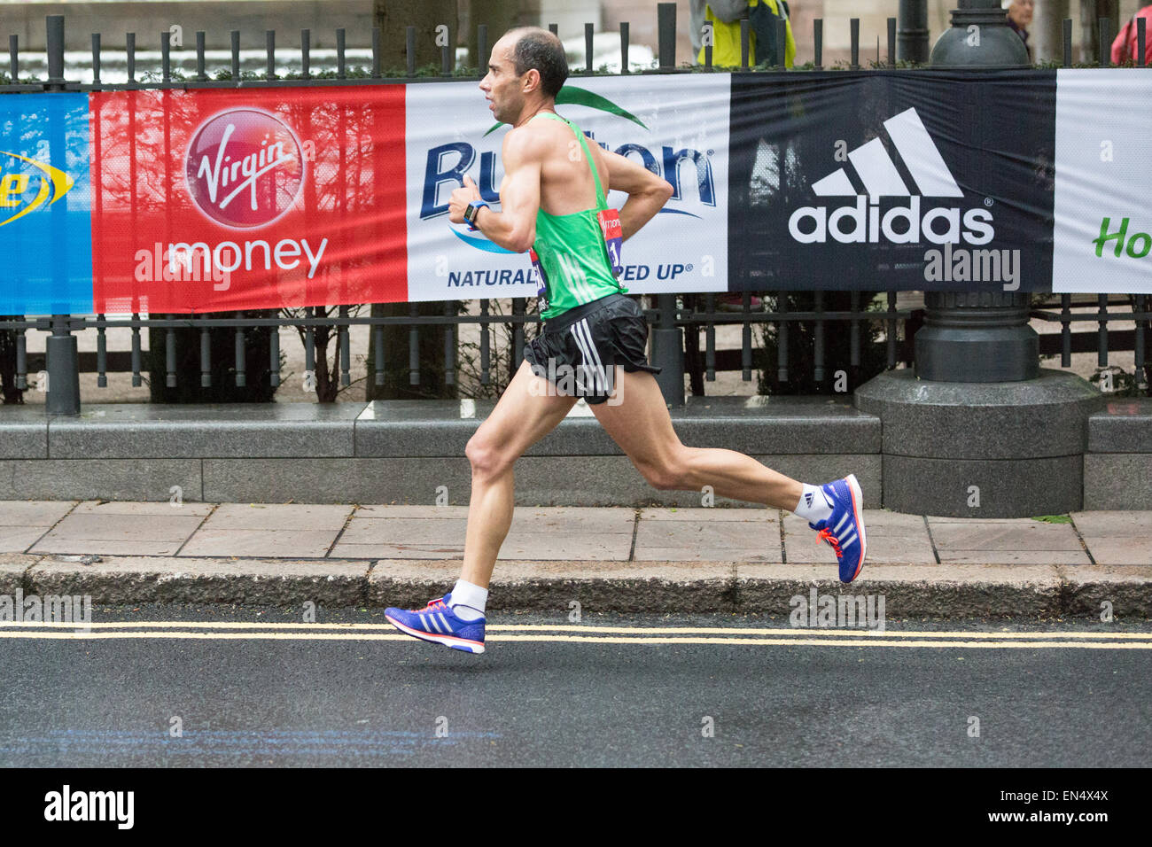Men's elite runners, running at the 2015 Virgin Money London Marathon ...