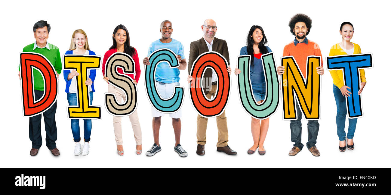 Multi-Ethnic Group of People Holding Text Discount Stock Photo - Alamy