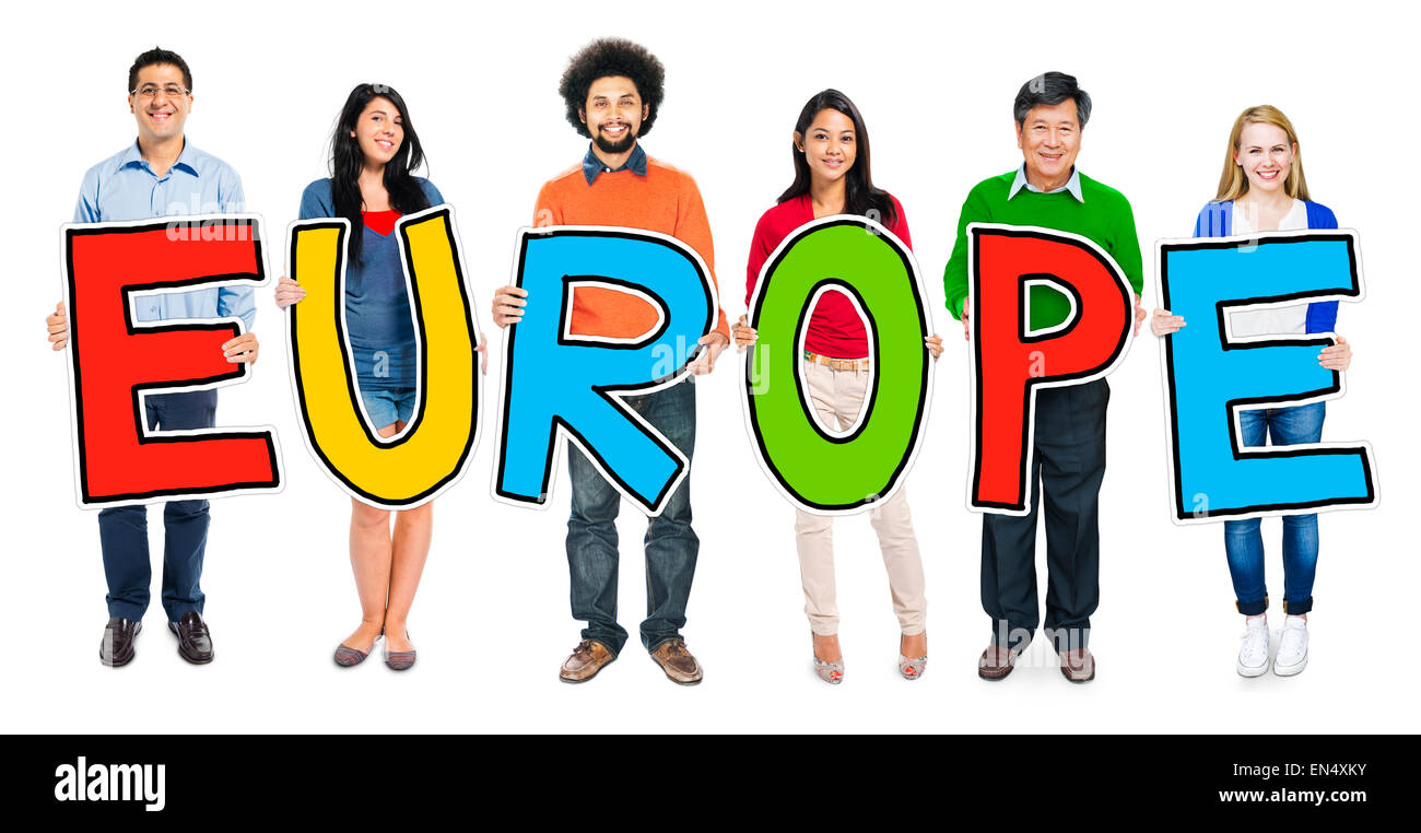 Multiethnic Group of People Holding Letter Europe Stock Photo - Alamy