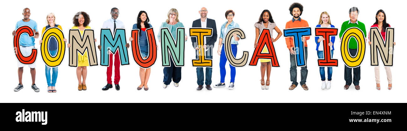 Diverse Business People Holding Communication Text Stock Photo - Alamy