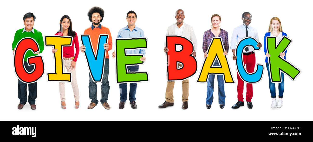 Multiethnic Group of People Holding Give Back Stock Photo - Alamy