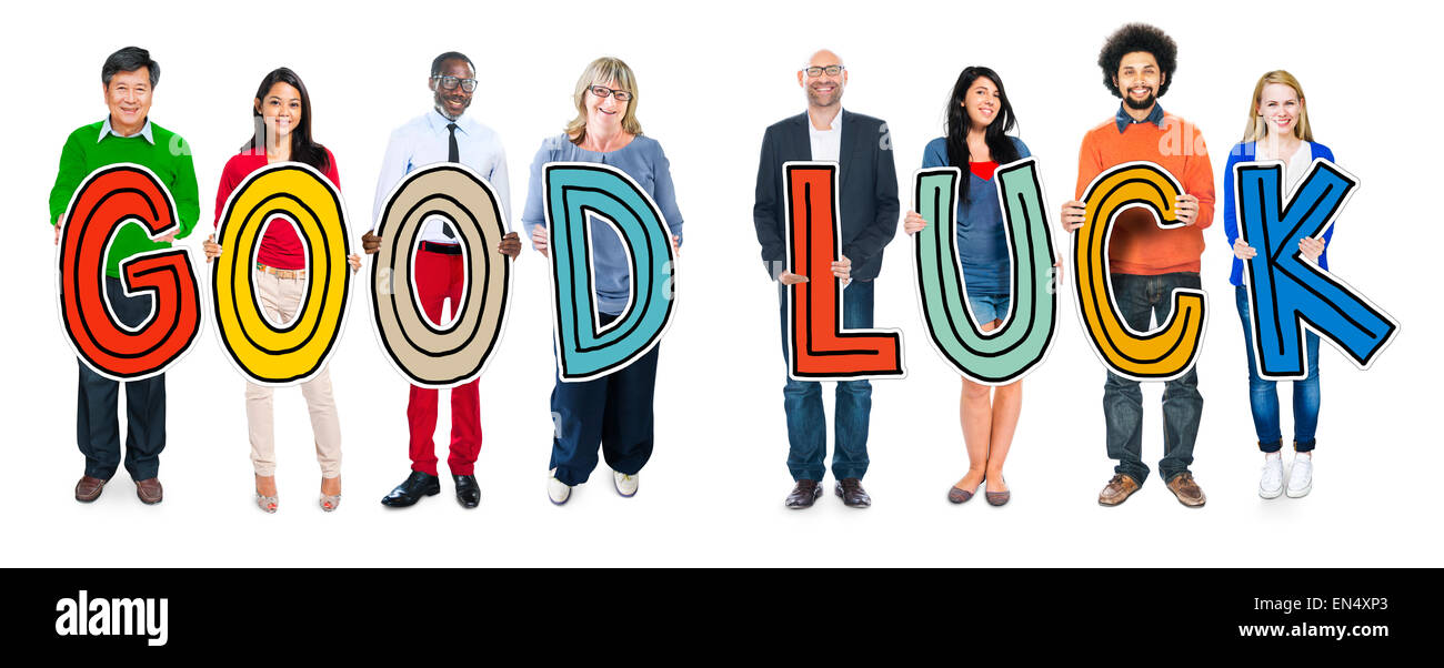 DIverse People Holding Text Good Luck Stock Photo - Alamy