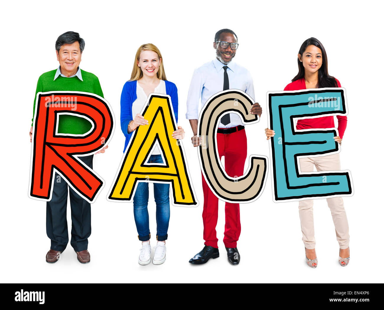 Multiethnic Group of People Holding Letter Race Stock Photo - Alamy