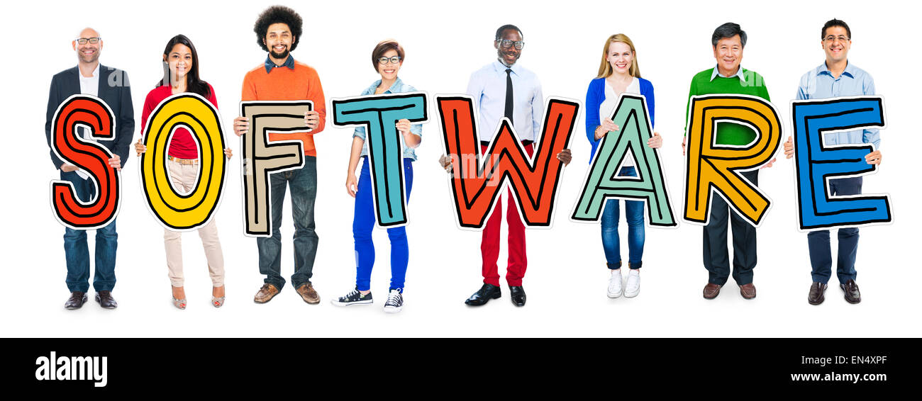 DIverse People Holding Text Software Stock Photo - Alamy