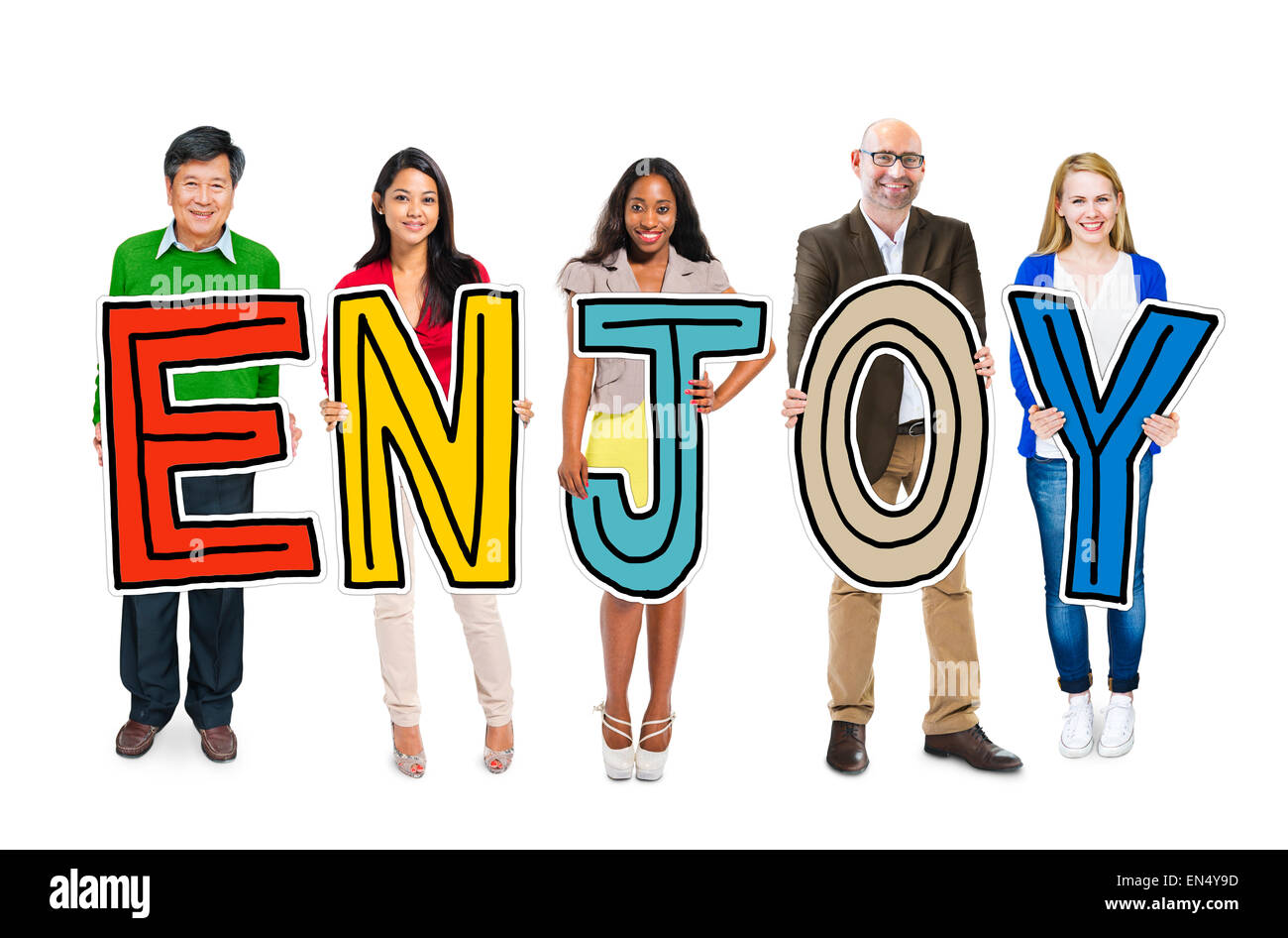 Group of People Standing Holding Enjoy Letter Stock Photo - Alamy