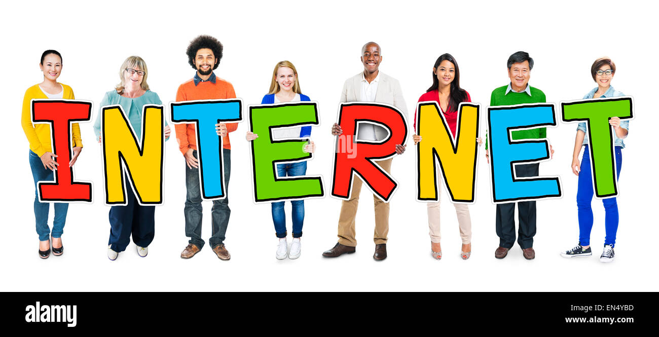 Multiethnic Group of People Holding Letter with Internet Concept Stock ...