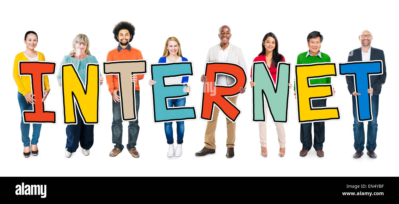 Multiethnic Group of People Holding Letter with Internet Concept Stock ...