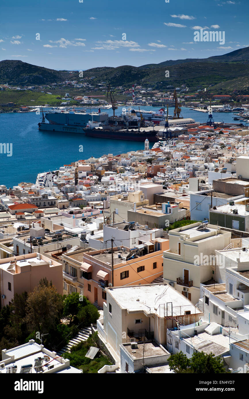 The port town of Ermoupolis in Syros in the Greek Islands Stock Photo ...