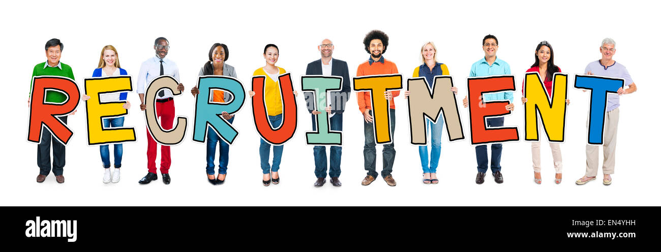 Multiethnic Group of People Holding Letter Recruitment Stock Photo - Alamy