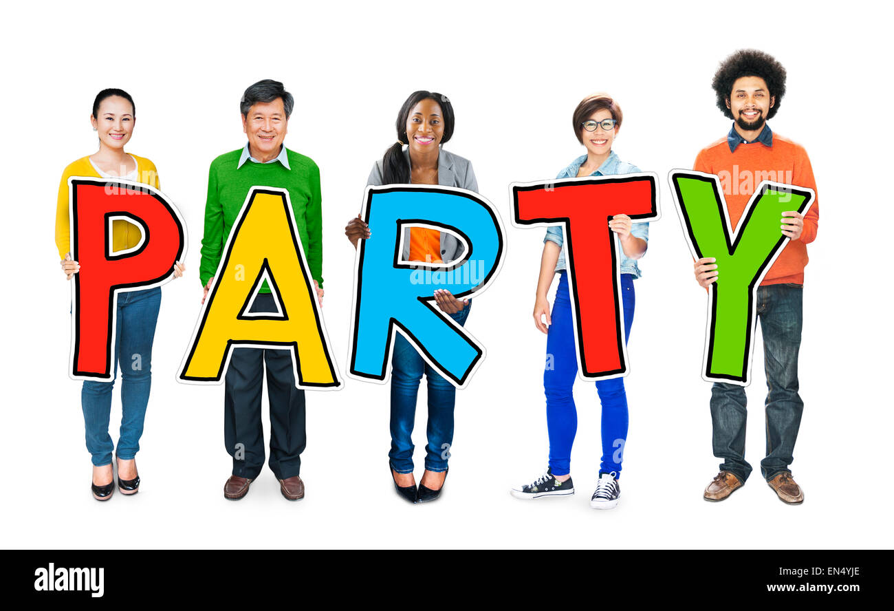 Group of People Standing Holding Party Letter Stock Photo - Alamy