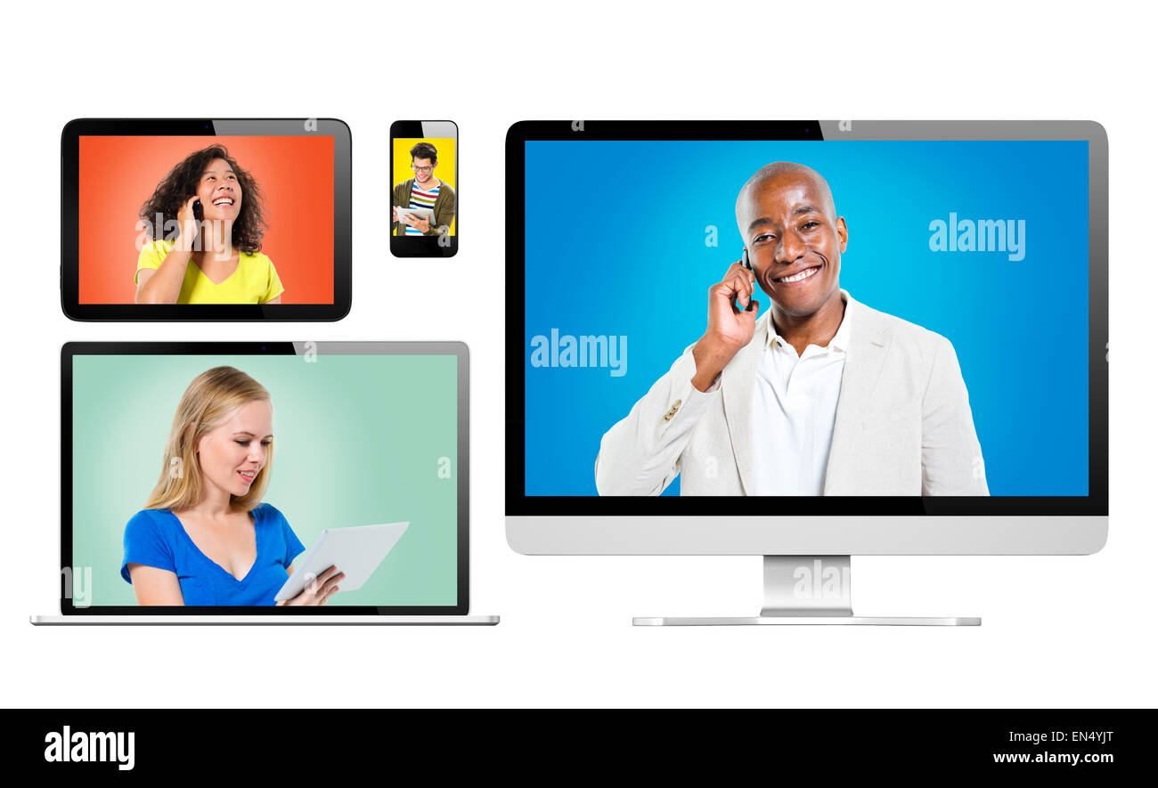 Using modern devices team hi-res stock photography and images - Alamy