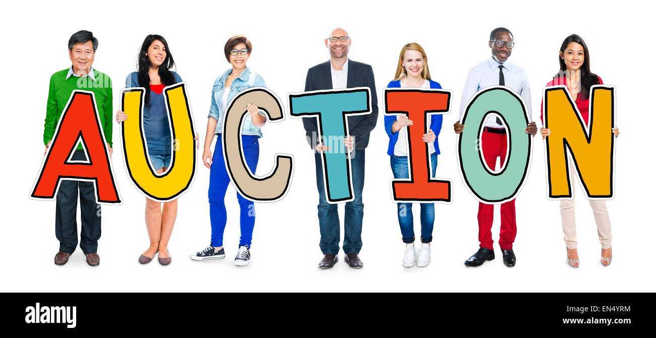 Group of Diverse People Holding Auction Stock Photo - Alamy
