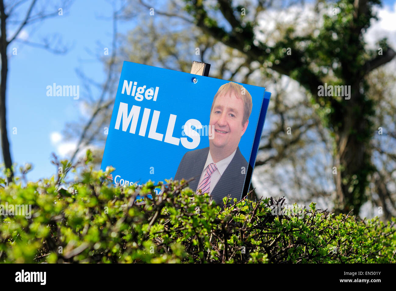 Ripley, Amber Valley, Derbyshire, UK. 28th April 2015.MP Nigel Mills election campaign posters ...