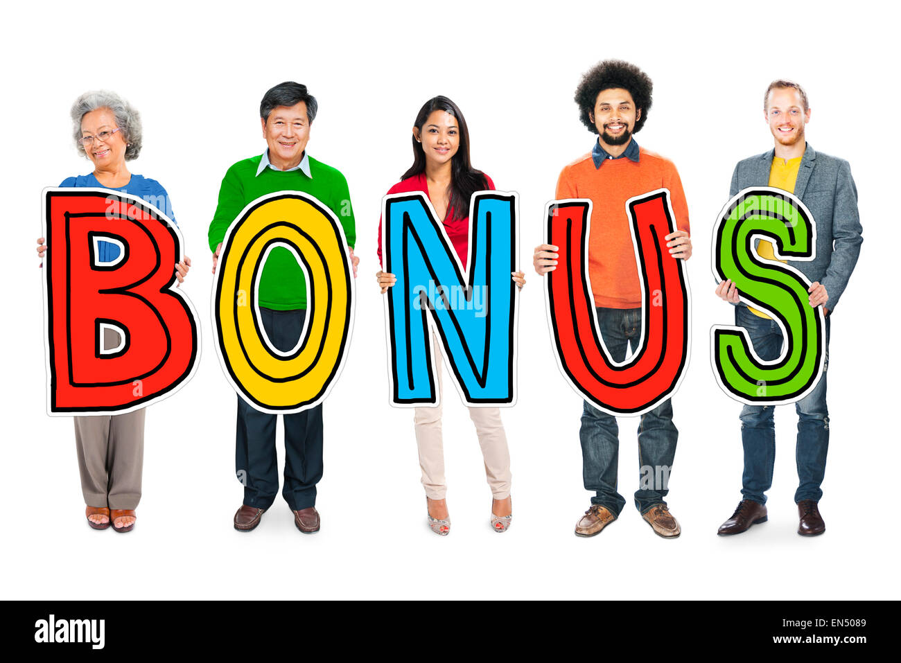 Group of Diverse People Holding Word Bonus Stock Photo - Alamy