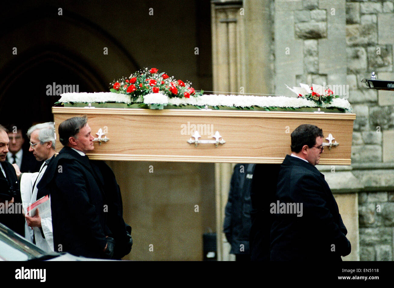Bobby Moore funeral at Putney Vale crematorium. Mourners carrying his ...