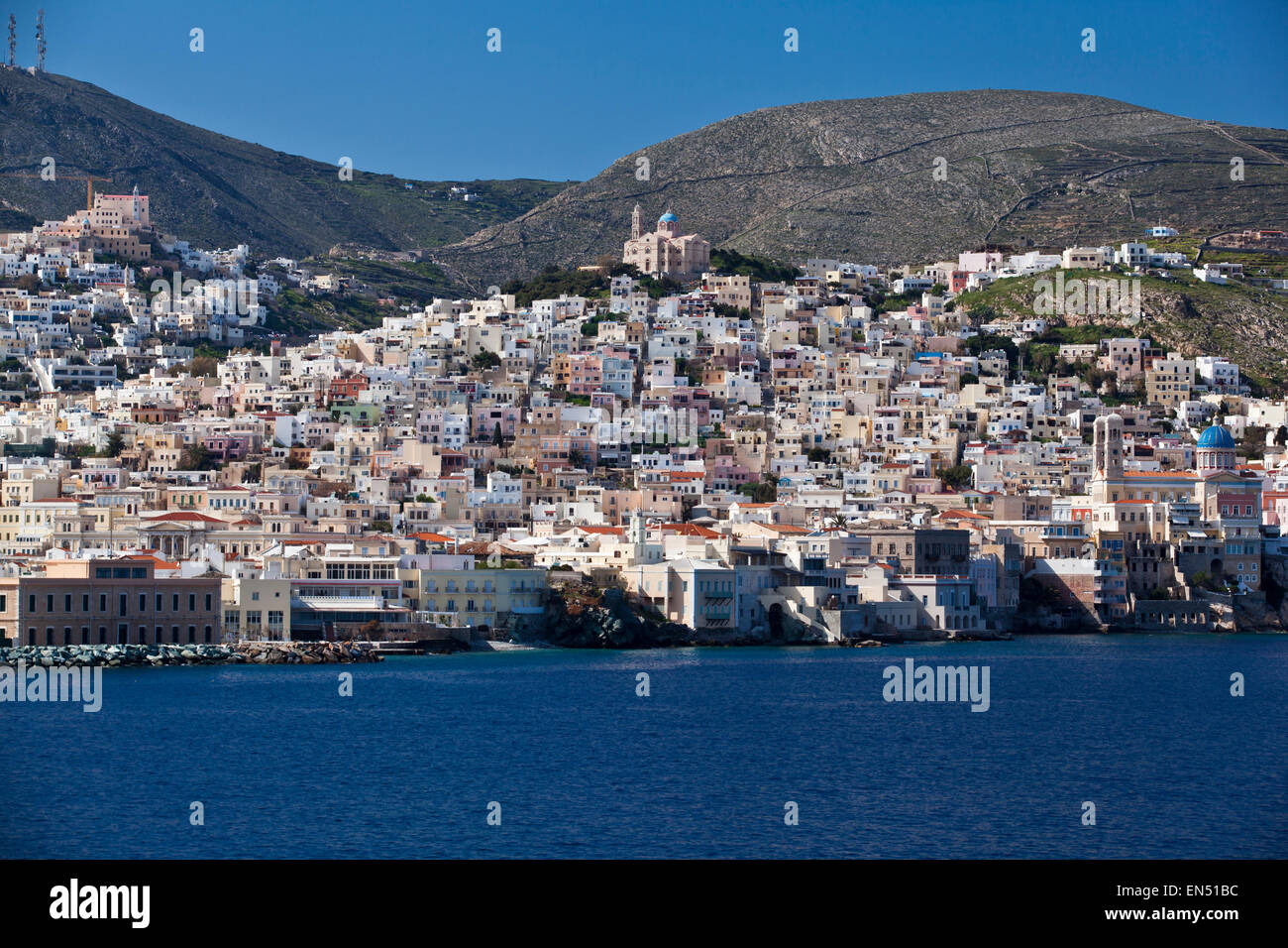 The port town of Ermoupolis in Syros in the Greek Islands Stock Photo ...