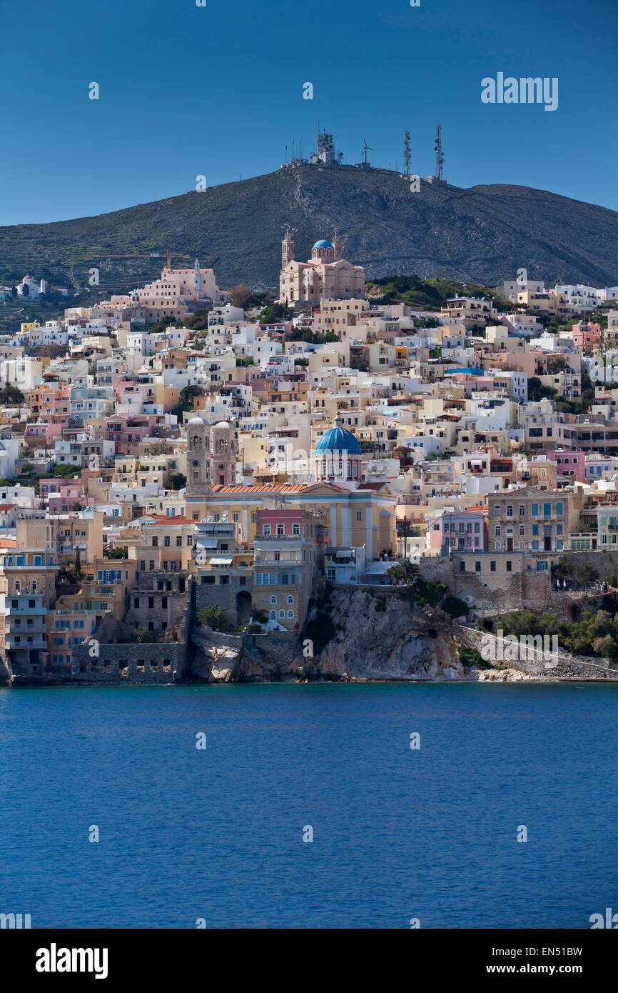 The port town of Ermoupolis in Syros in the Greek Islands Stock Photo ...