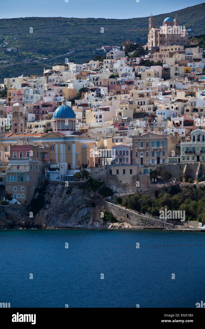 The port town of Ermoupolis in Syros in the Greek Islands Stock Photo ...