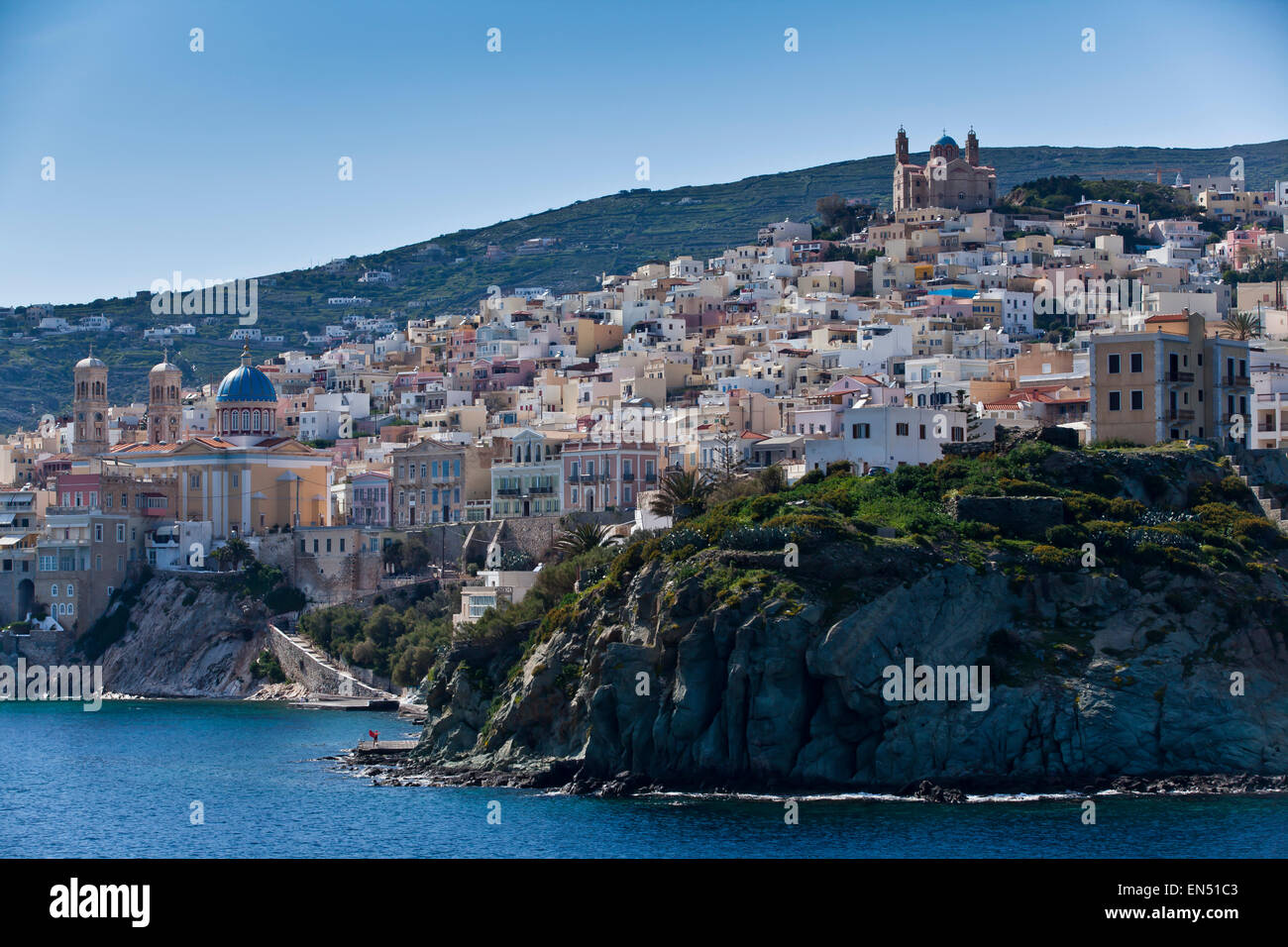 The port town of Ermoupolis in Syros in the Greek Islands Stock Photo ...