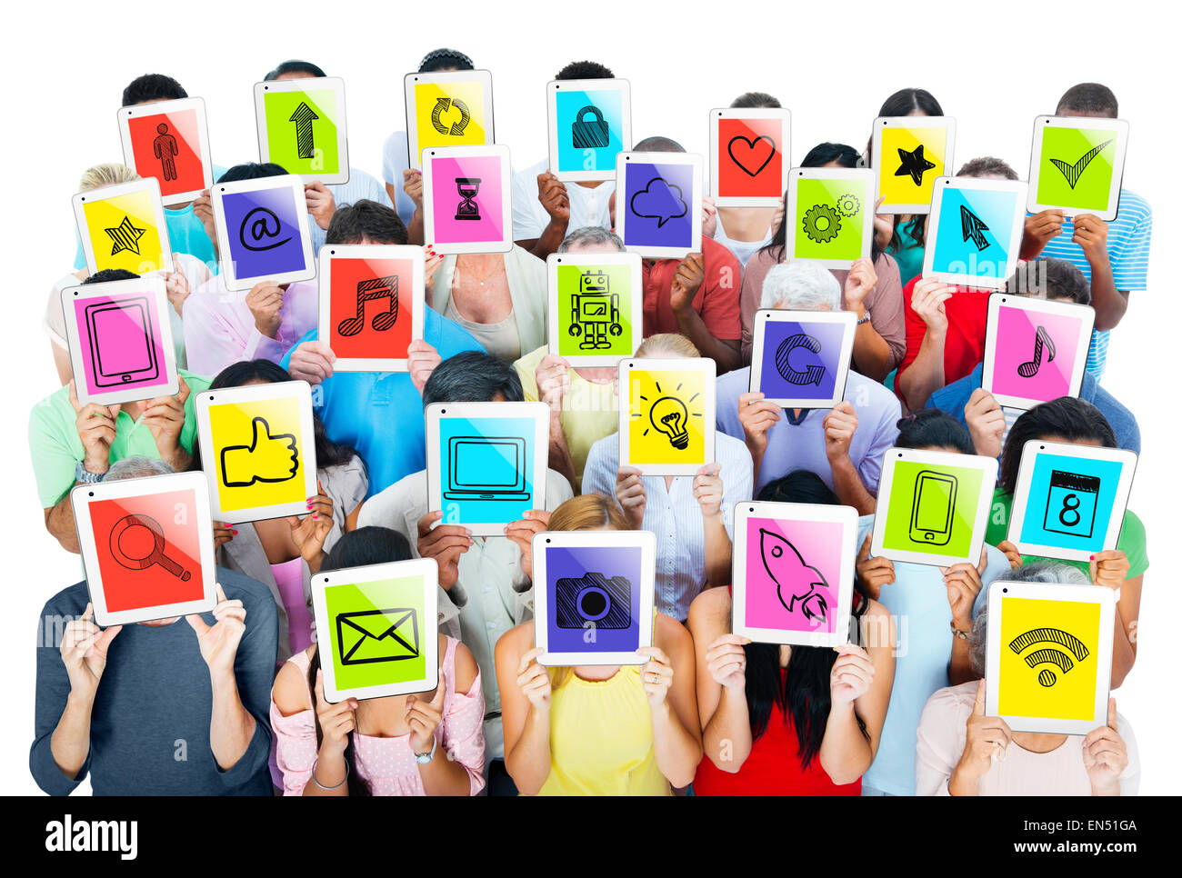 Unity of multi-ethnic people holding ipads with social networking ...