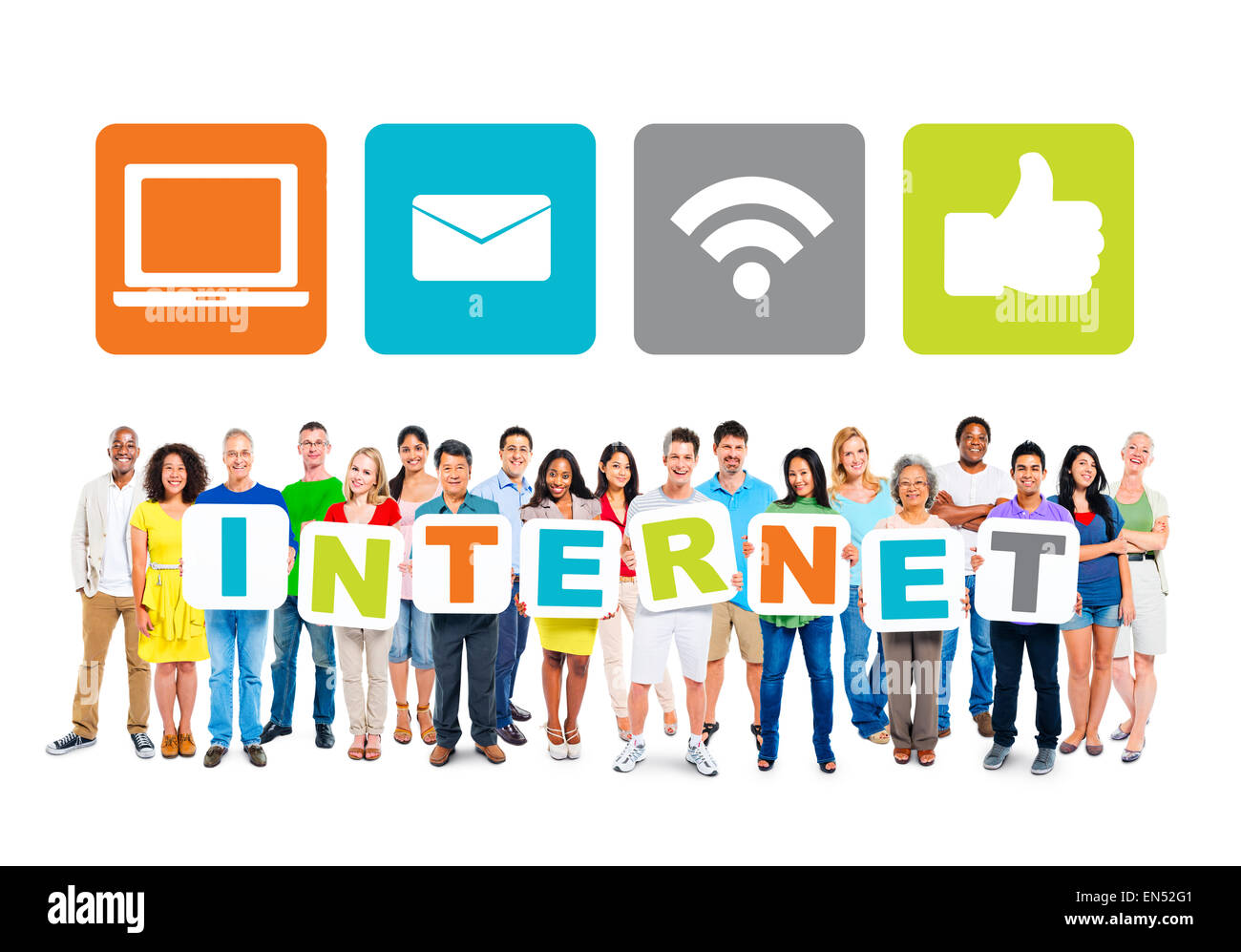 Multi-Ethnic Group Of People Holding Alphabet To Form Internet And ...