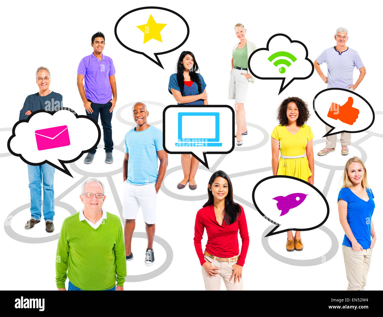 Cheerful Multi-Ethnic Group Of People Standing Individually Above Them ...