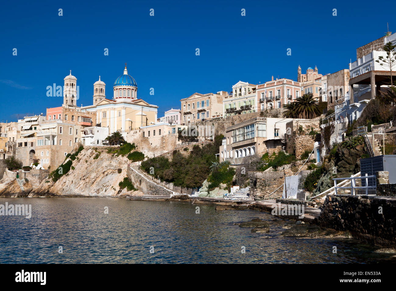 The port town of Ermoupolis in Syros in the Greek Islands Stock Photo ...