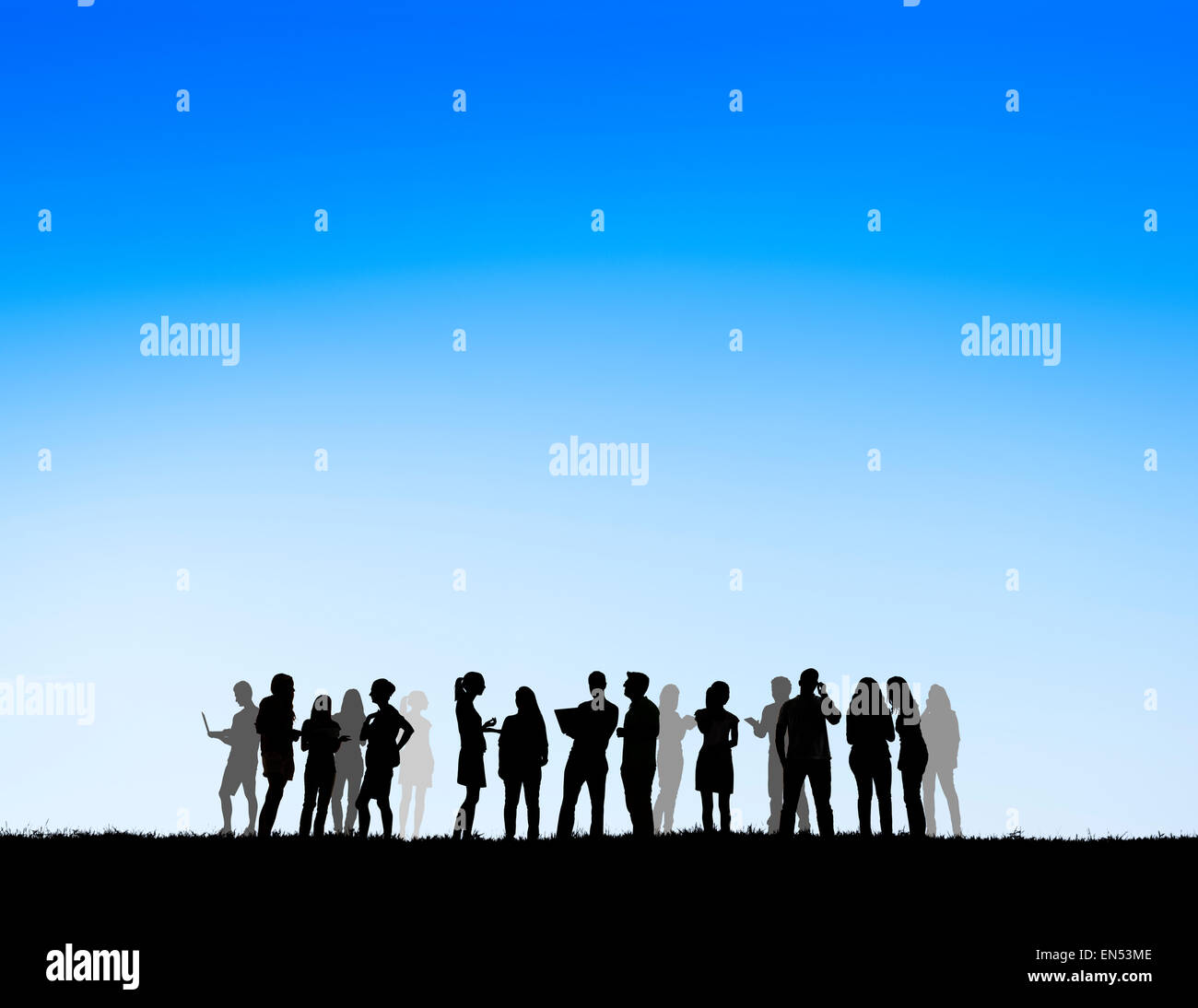 Group Of Silhouettes Of People Social Networking Outdoors Stock Photo ...