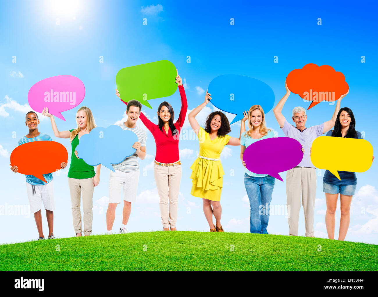 Group of Diverse Multi-Ethnic People Outdoors Holding Colorful Speech ...