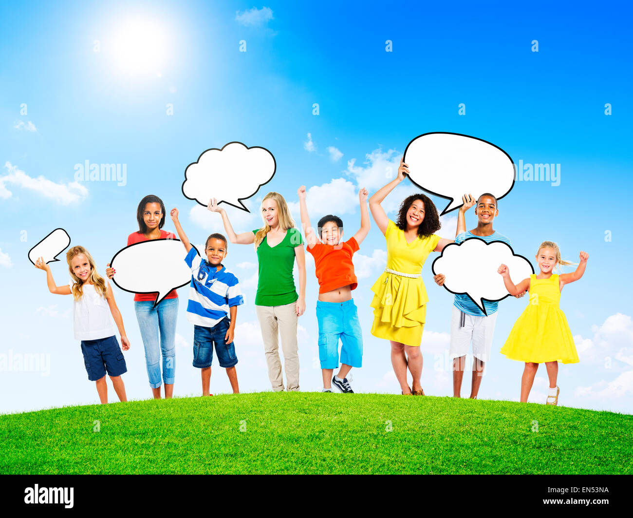 Group of Multi-Ethnic Mixed Age People Holding Empty Speech Bubble ...