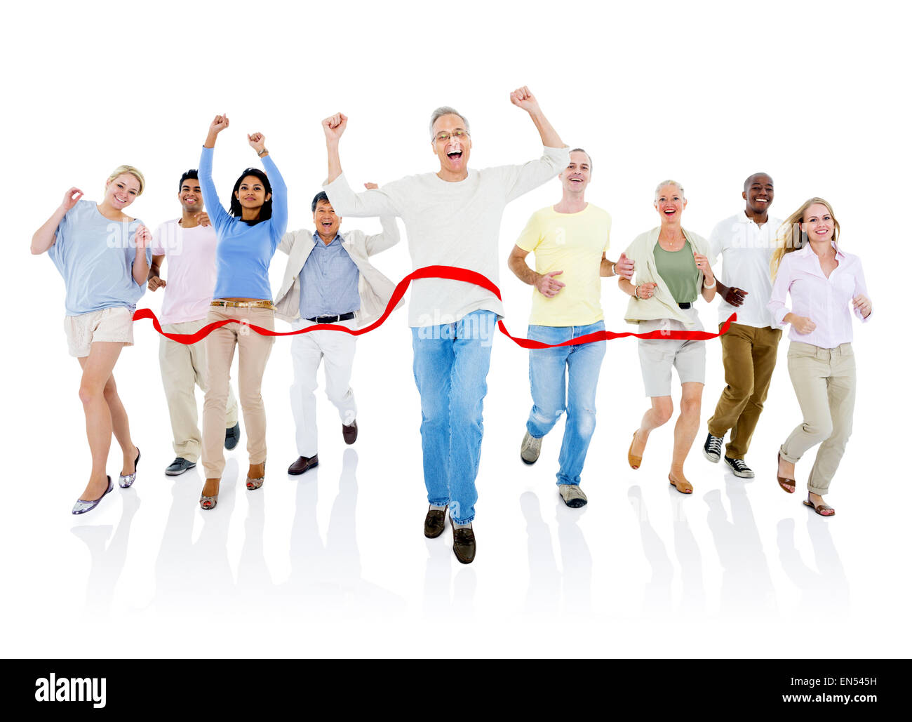 Group of People Crossing Finish Line Success Concept Stock Photo - Alamy