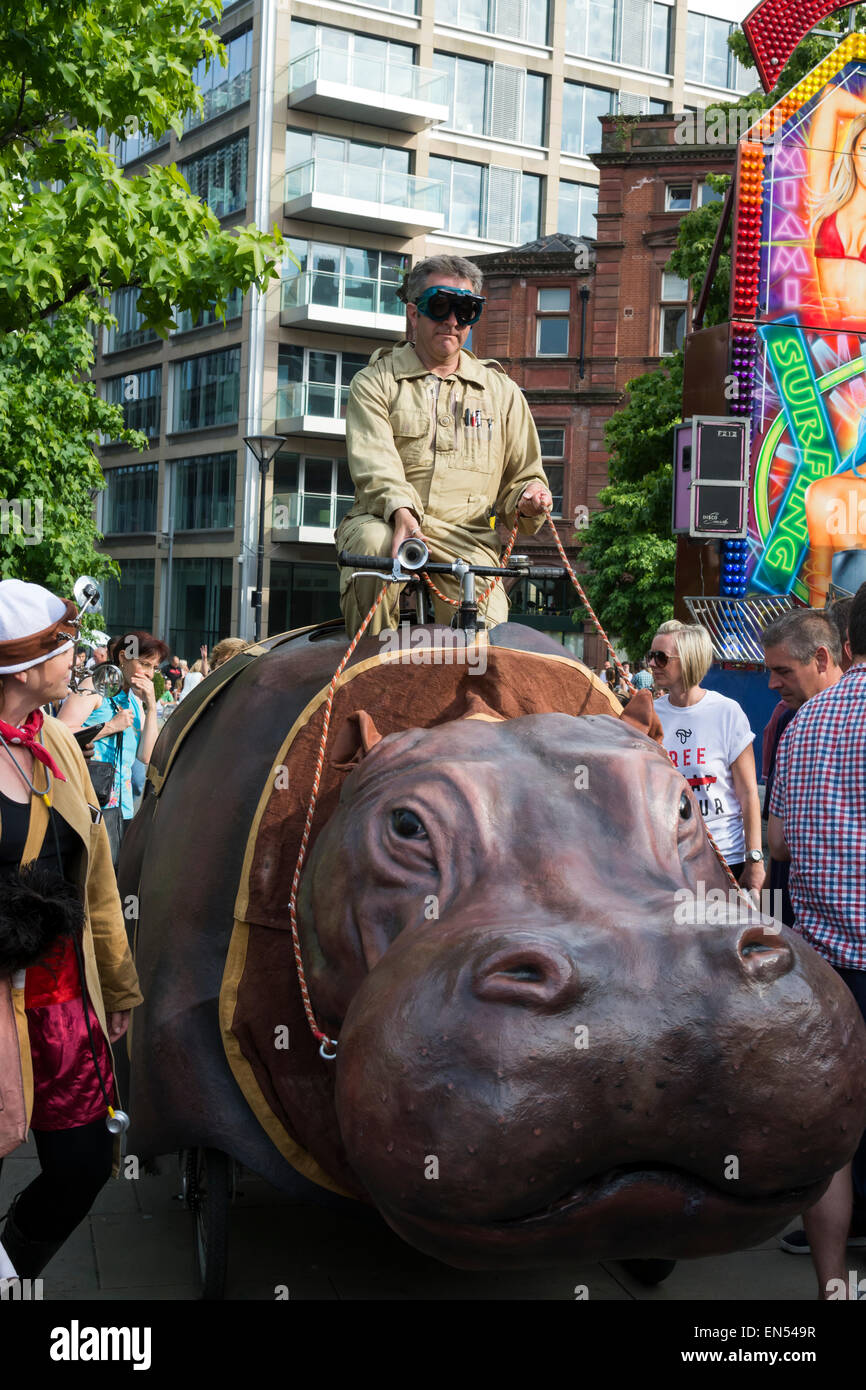Man dressed in costume riding large Hippo Music festival in Sheffield ...